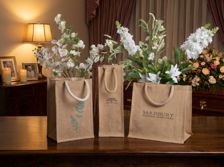 Printed Resuable Jute Bags | Amspac Funeral Bags